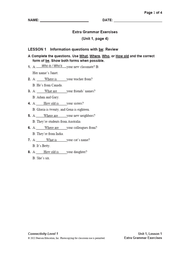 Grammar Exercises Unit 1 VERB To BE | PDF | Linguistics