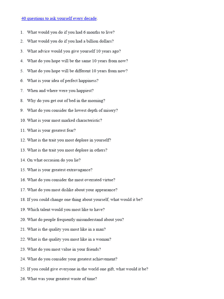 40 Self-Reflection Questions Per Decade | PDF | Sports & Recreation ...