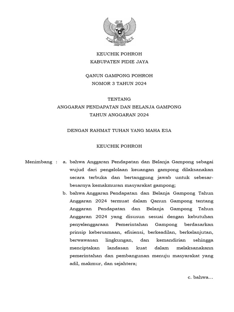 Contoh Qanun Gampong Tentang Apbg 2024-Oc | PDF