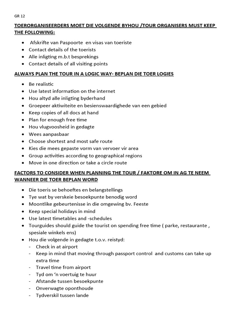 Graad 12 Toerisme Toerbeplanning | PDF