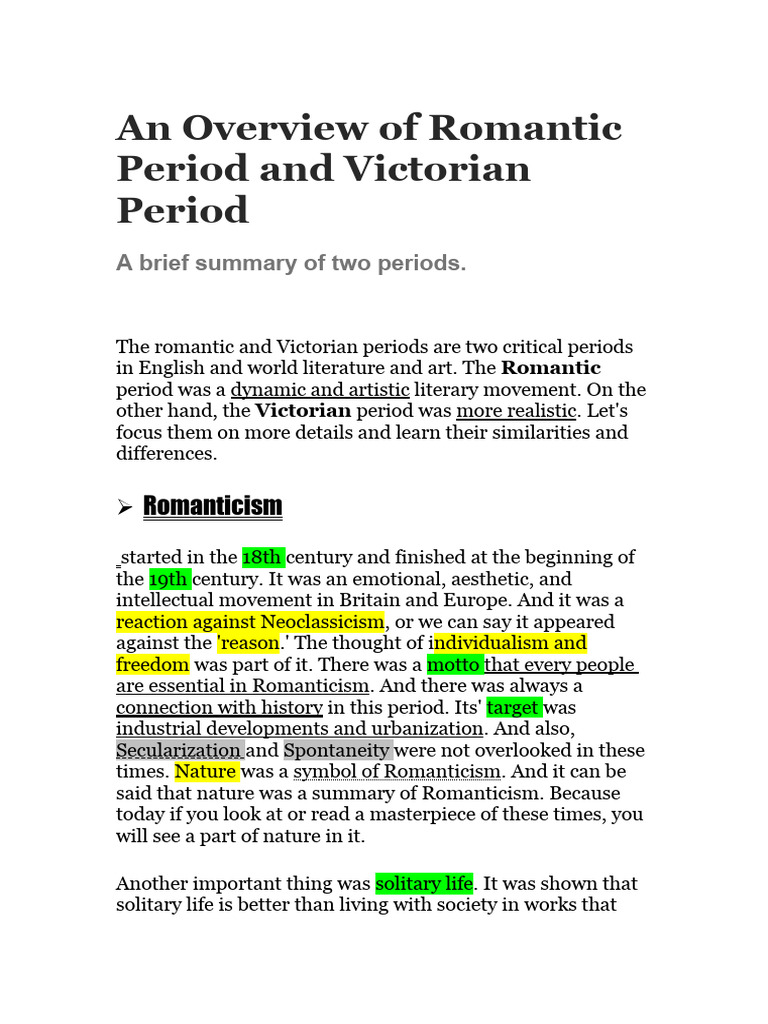 Romantic vs. Victorian Literature Overview | PDF | Romanticism ...