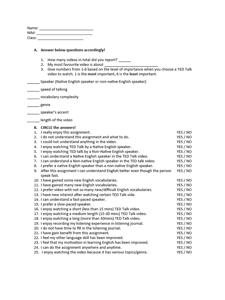 Questionnaire | PDF | English Language | Cognition