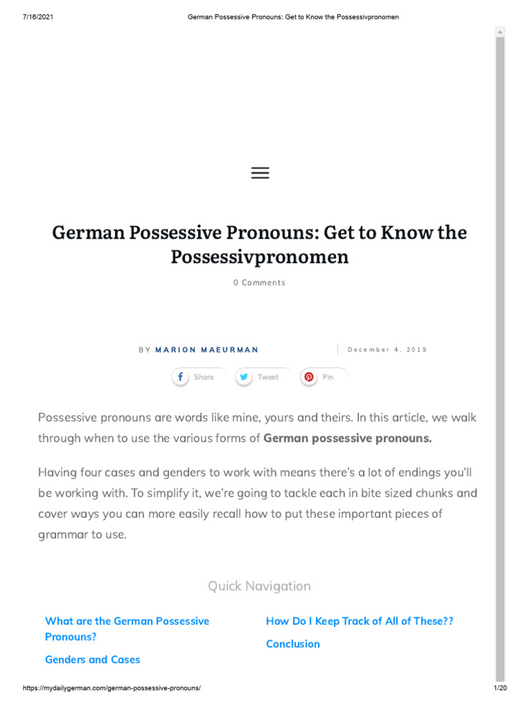 German Possessive Pronouns | PDF | Grammatical Gender | Plural
