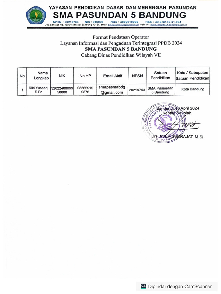 Form Data Operator PPDB SMA Pasundan 5 | PDF