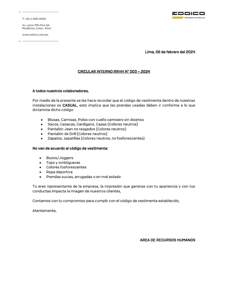 Circular Interno RRHH #003 - 2024 - CV | PDF | Negocios | Cocina, comidas y vino
