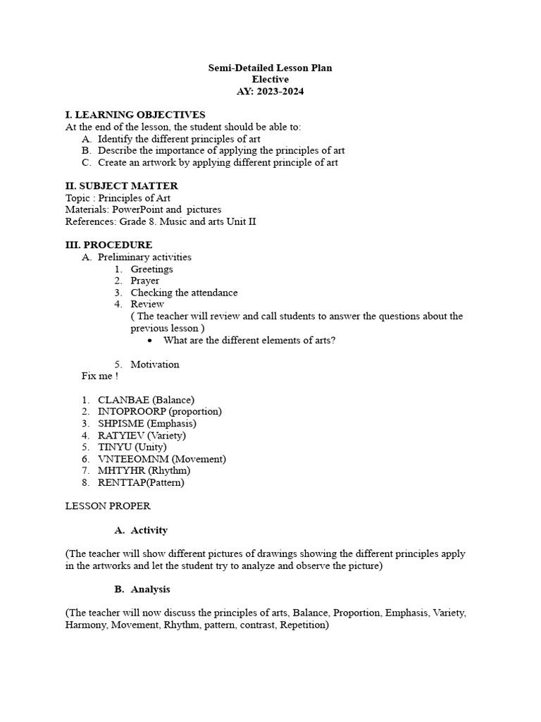 Elective Lesson Plan | PDF | Composition (Visual Arts) | Symmetry