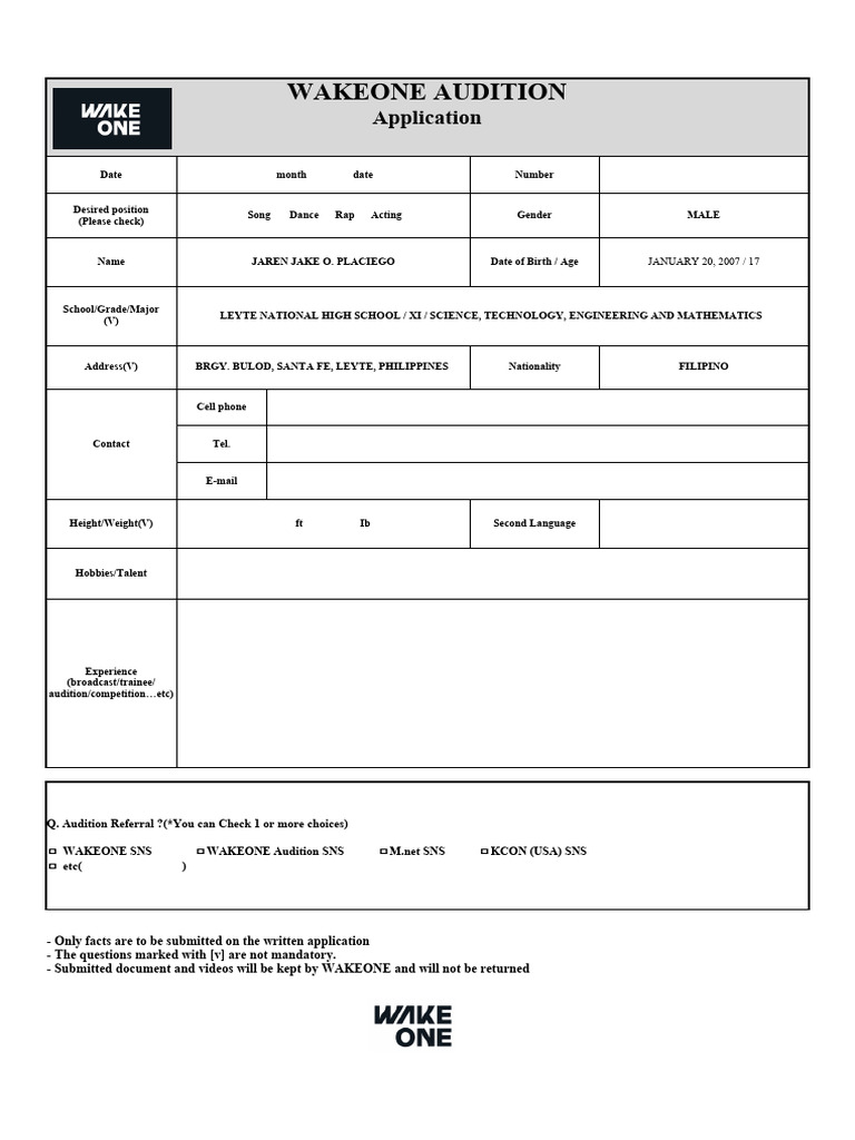 Wakeone Audition Application Eng | PDF