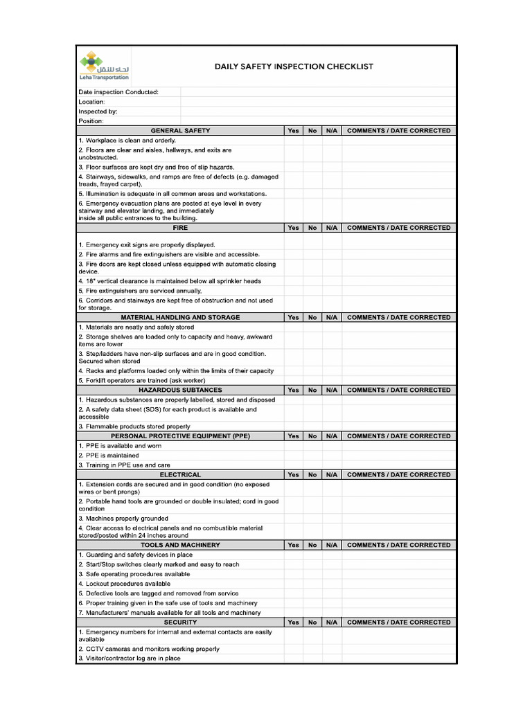 Job Site Daily Safety Inspection Checklist | PDF