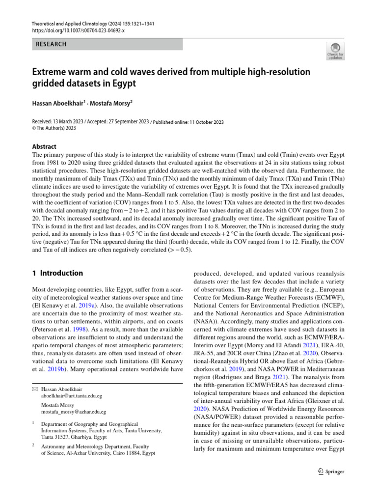 Extreme Warm and Cold Waves Derived From Multiple High Resolution Gridded Datasets in Egypt ...