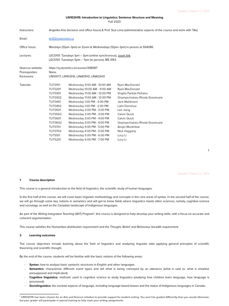 LIN102H1S Syllabus Overview | PDF | Linguistics | Semantics