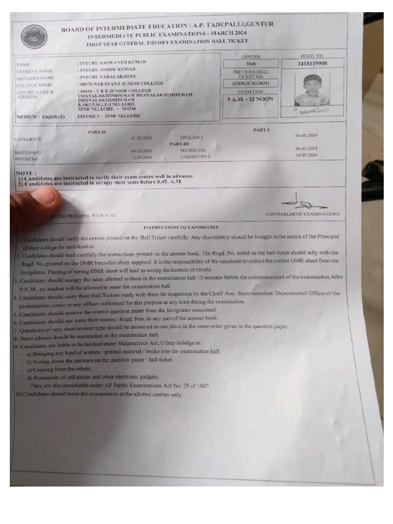 Inter 1st Year Hall Ticket Yash | PDF