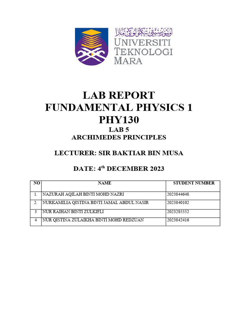 Phy 130 Lab 5 Archimedes | PDF | Buoyancy | Metrology