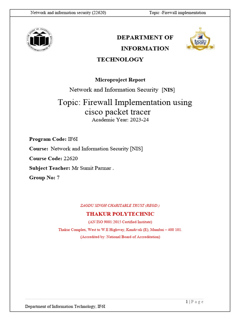 Topic: Firewall Implementation Using Cisco Packet Tracer: Network and Information Security ...