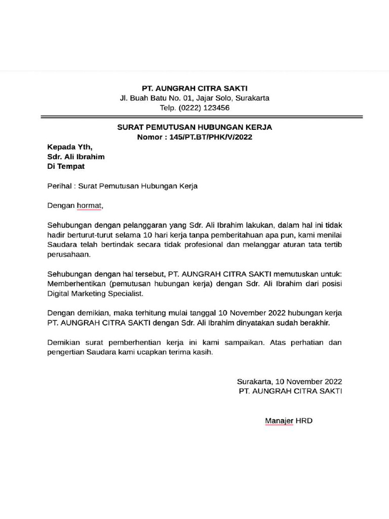 Contoh Surat PHK | PDF