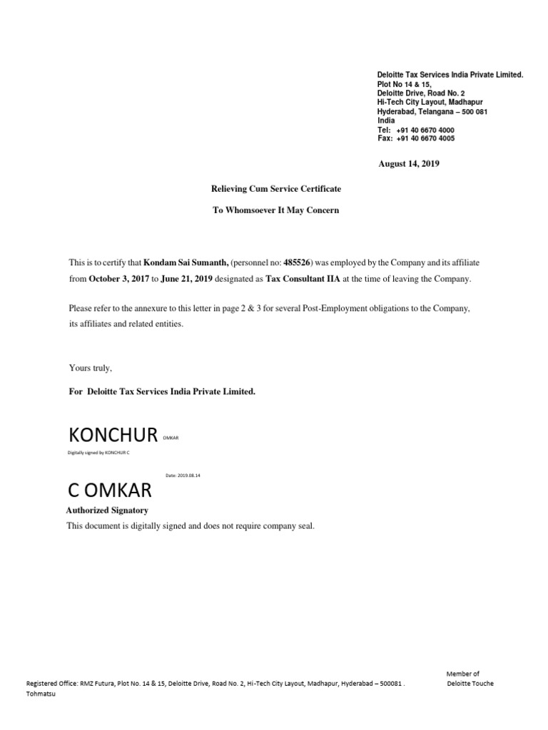 Deloitte Relieving Cum Service Certificate | PDF | Employment | Trade ...