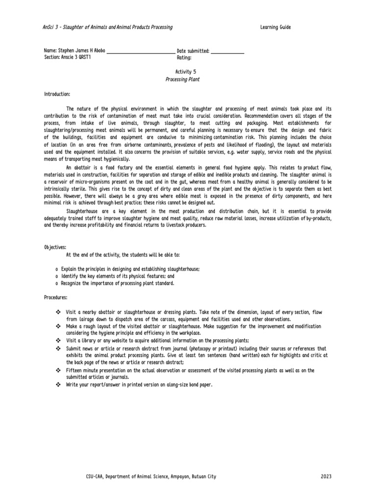AnSci 3 Exercise 5 | PDF | Slaughterhouse | Hygiene