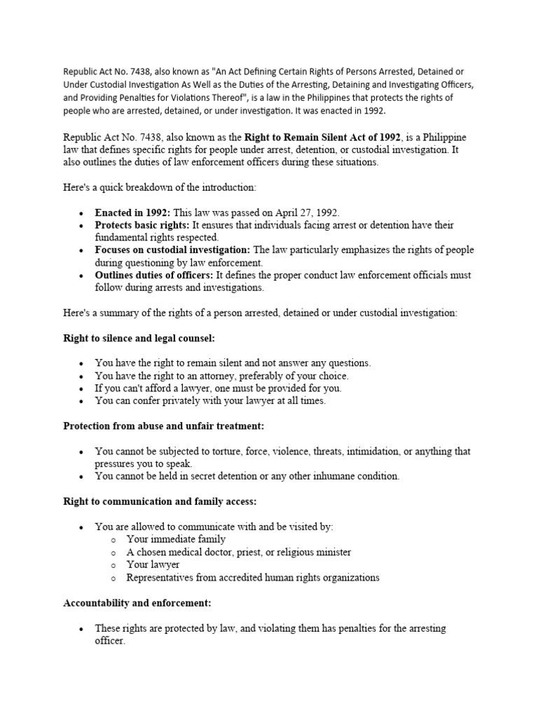 Republic Act No Rights of Accused | PDF | Right To Silence | Arrest