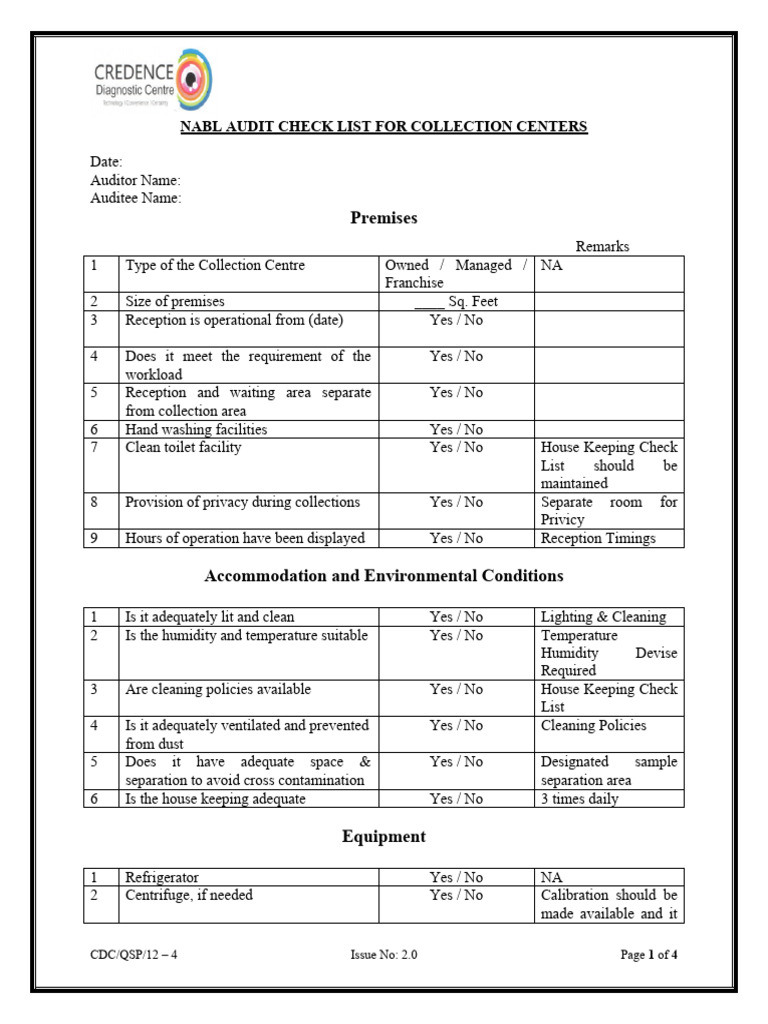 NABL Audit Checklist for Collection Centers | PDF | Laboratories ...