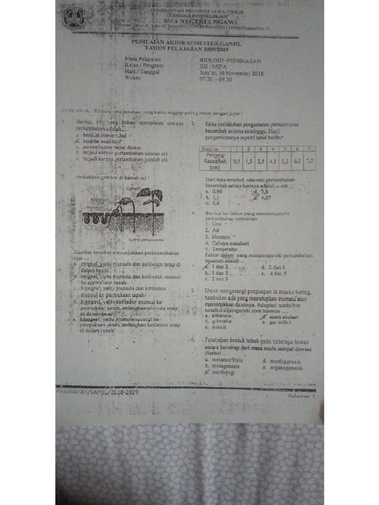 Soal Biologi Pas Sem 1 Tp 1819 | PDF