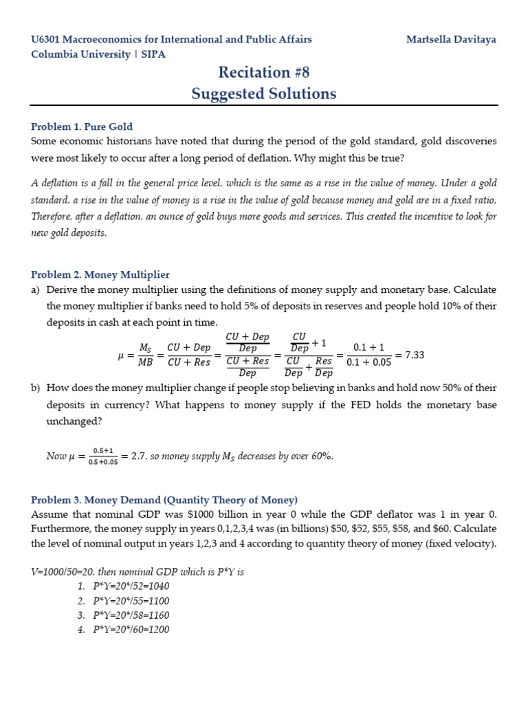 Recitation 8 Answer Key | PDF | Money | Deflation