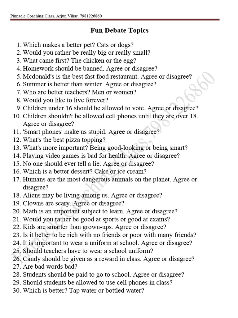 Fun Debate Topics PDF | PDF