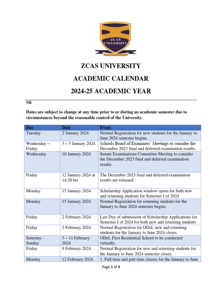 ZCAS-U 2024-25 Academic Calendar - V2 | Download Free PDF | Academic Term | Educational Stages
