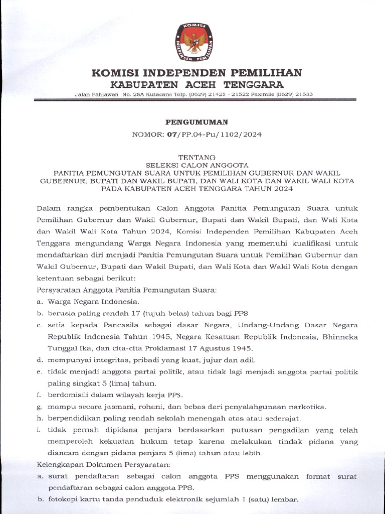 Pengumuman Pendaftaran Pps - Pilkada Tahun 2024 | PDF