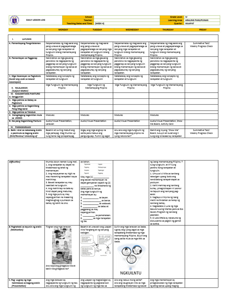 DLL - AP4 - Q4 - W4 - Natatalakay Ang Konsepto NG Karapatan o Tungkulin | PDF