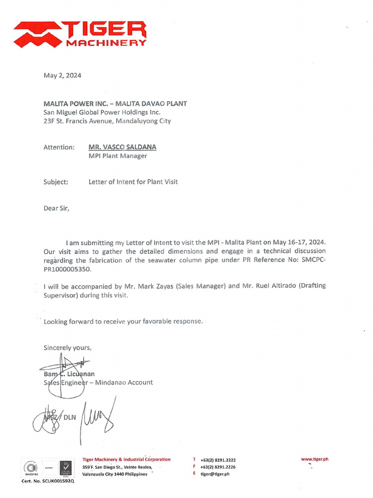 Mpi Letter of Intent For Plant Visit | PDF