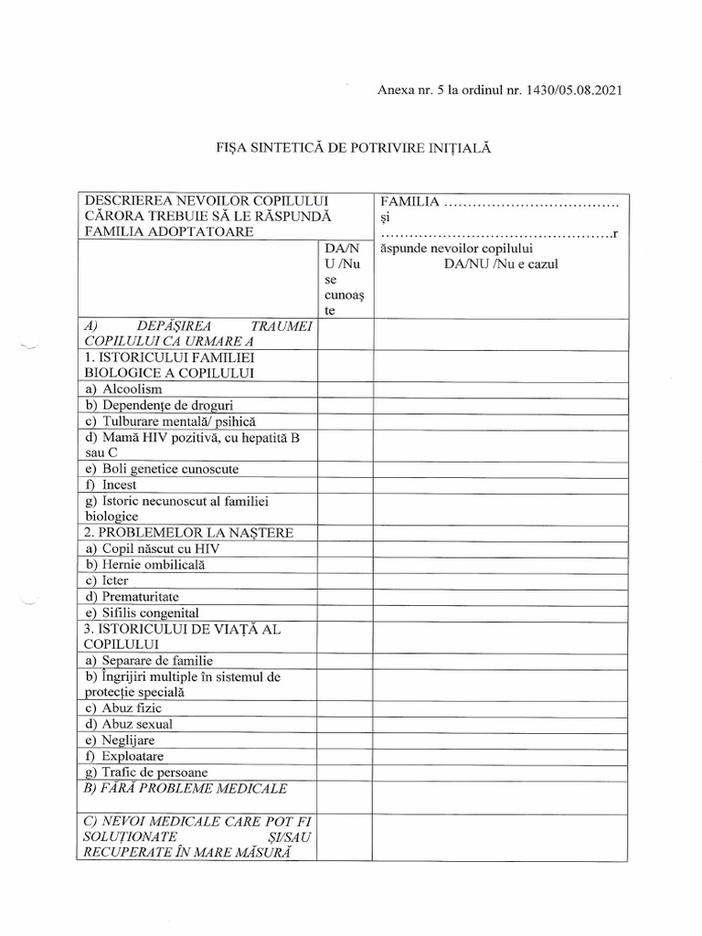 Model FISA SINTETICA DE POTRIVIRE INITIALA Anexa Nr. 5 La Ordinul Nr. 1430 Din 05.08.2021 | PDF