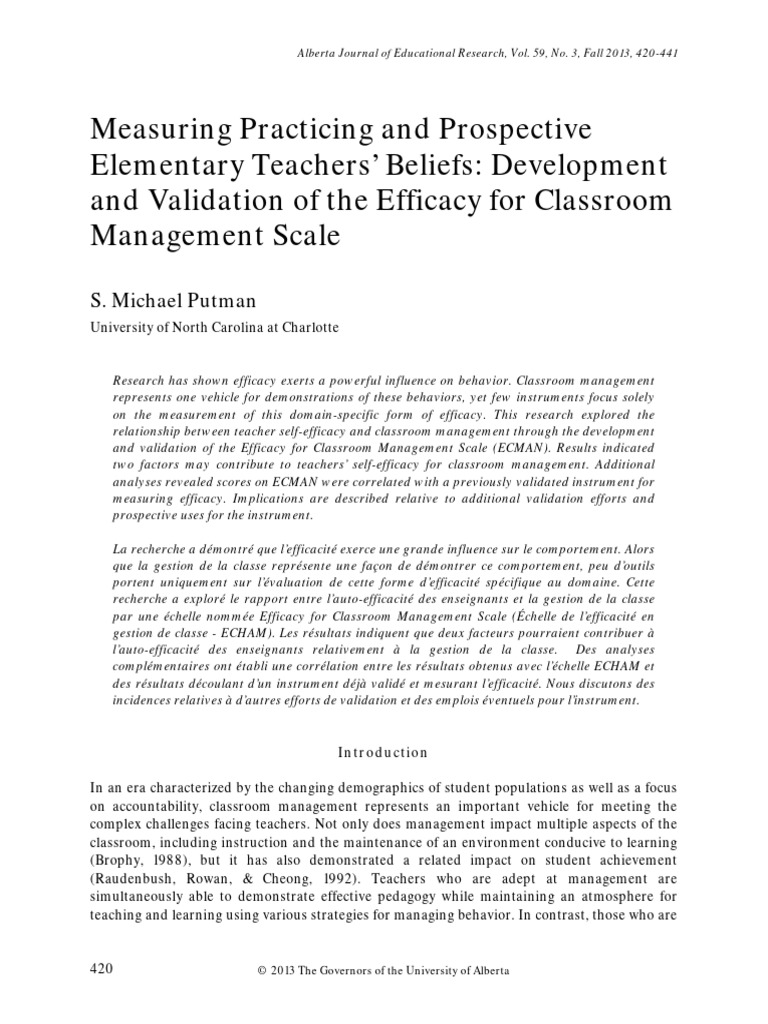 Efficacy for Classroom Management Scale | PDF | Self Efficacy | Classroom Management