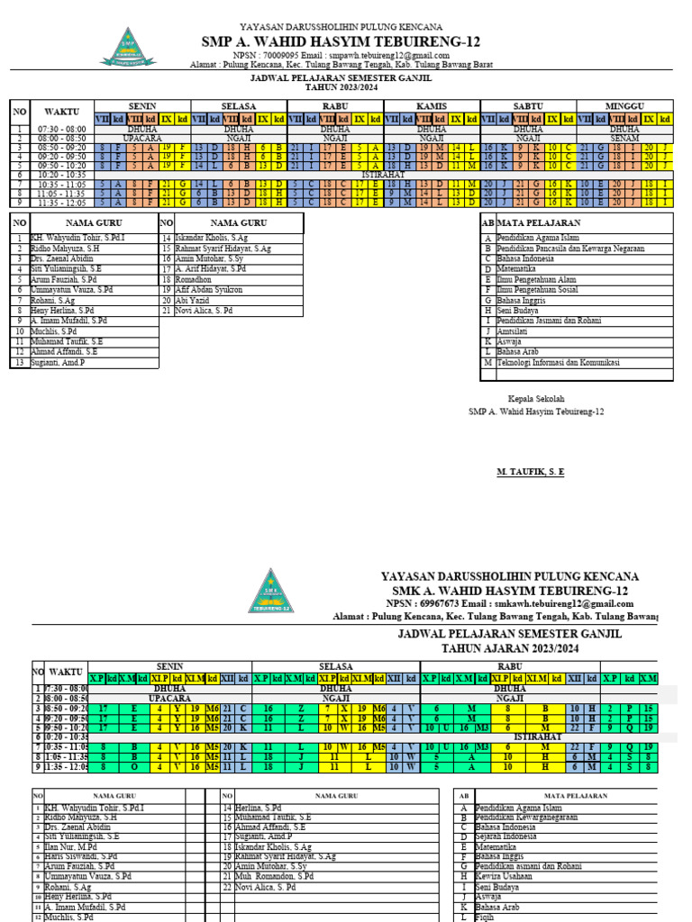 Jadwal Pelajaran Semester Ganjil 2023 | PDF