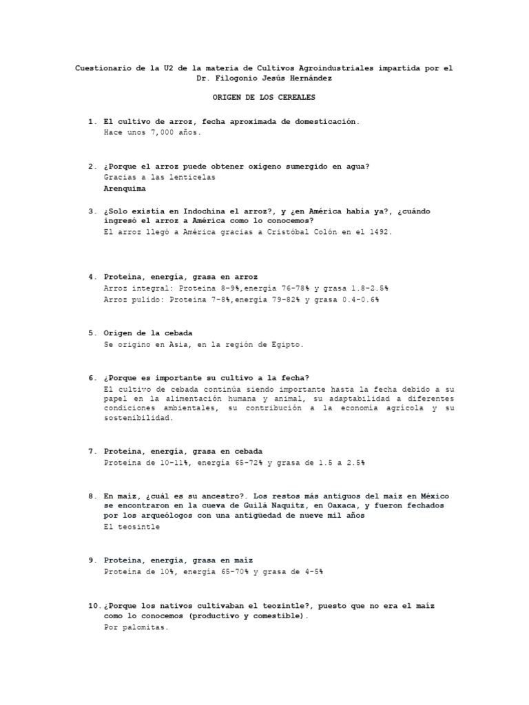 Cuestionario de La U2 de CA-1 | PDF | Trigo | Maíz Cuestionario de La U2 de CA-1 | PDF | Trigo | Maíz