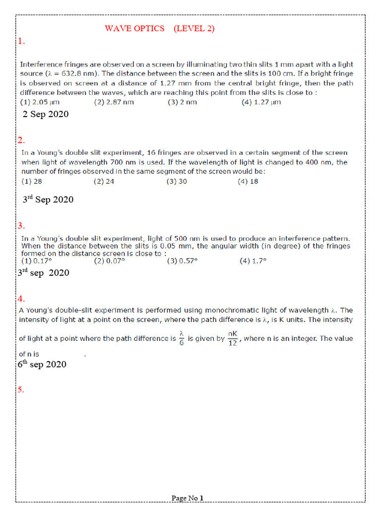 L 2 Assignment (Wave Optics) | PDF | Diffraction | Wavelength
