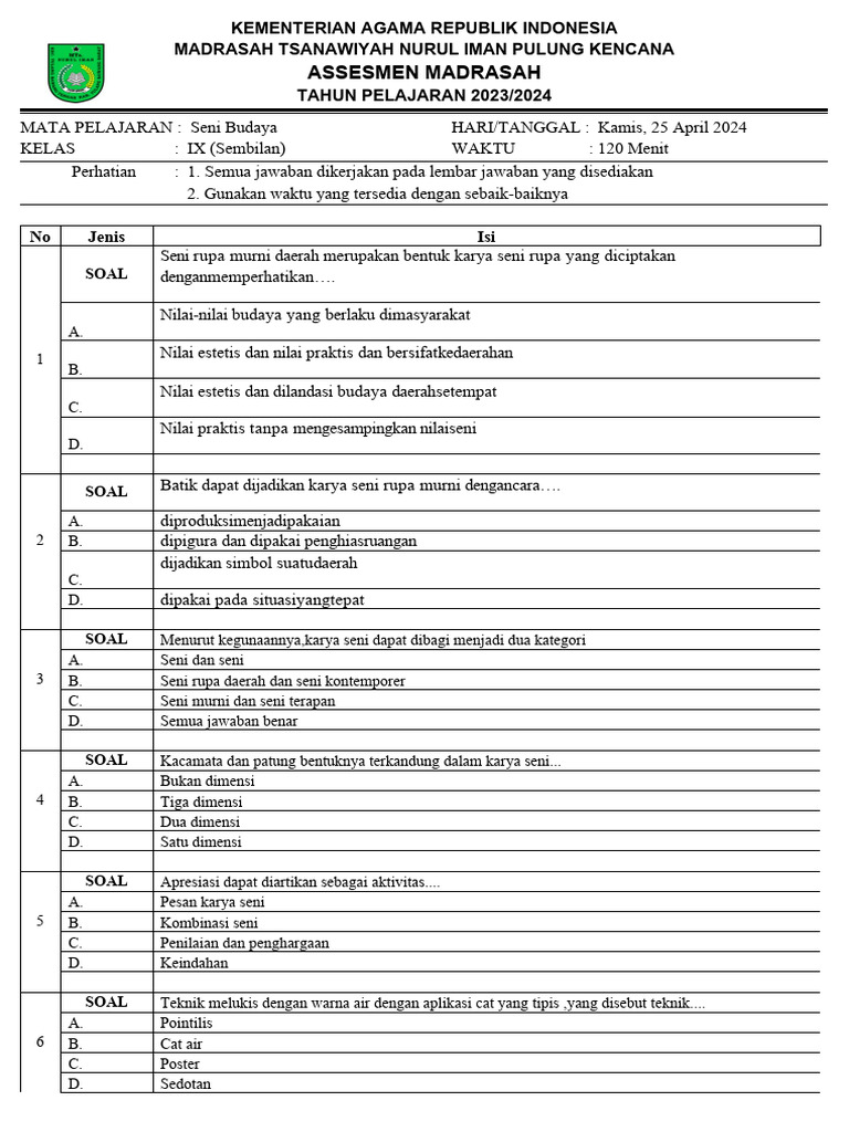 SBK - Asesmen Kelas 9 AWH | PDF