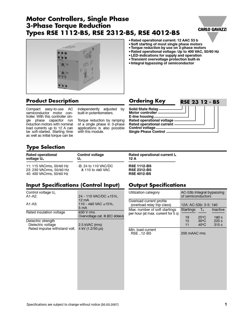 Motor Controllers, Single Phase, 3-Phase Torque Reduction Types RSE ...
