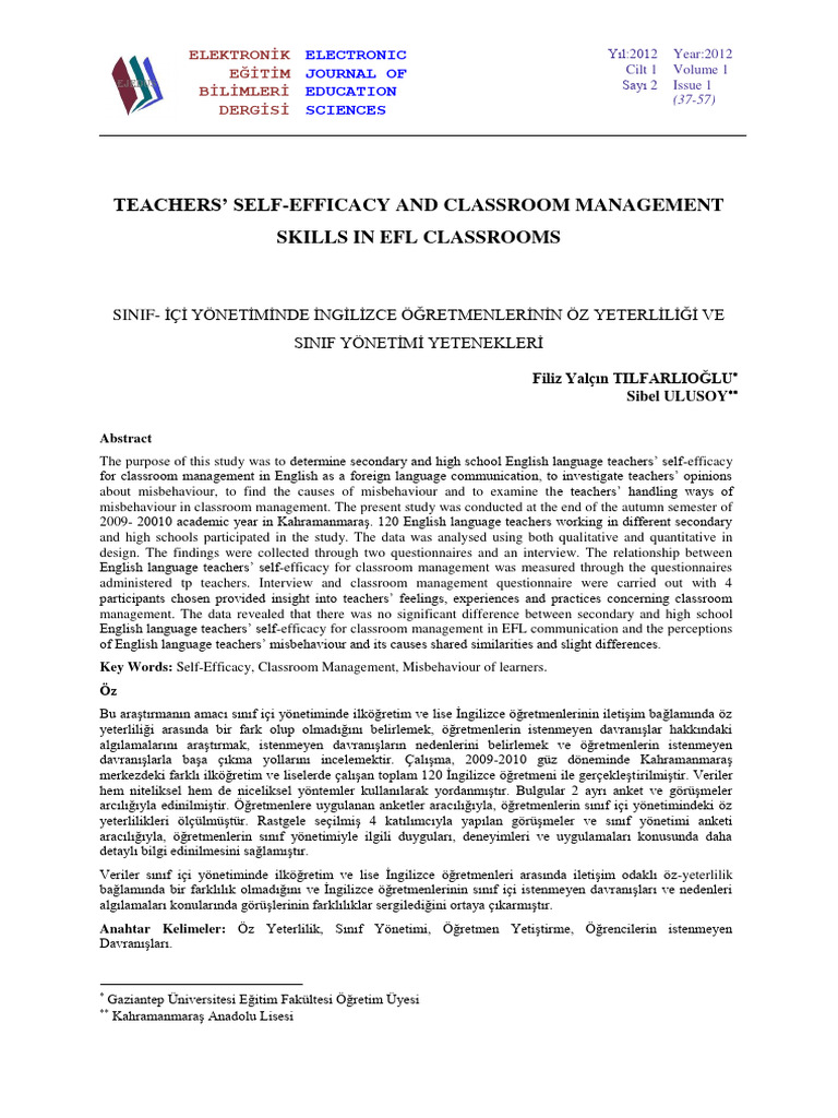 Teachers Self-Efficacy and Classroom Management Skills in Efl ...