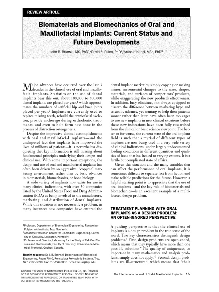 Biomaterials and Biomechanics of Oral and Maxillofacial Implants. Current Status and Future ...