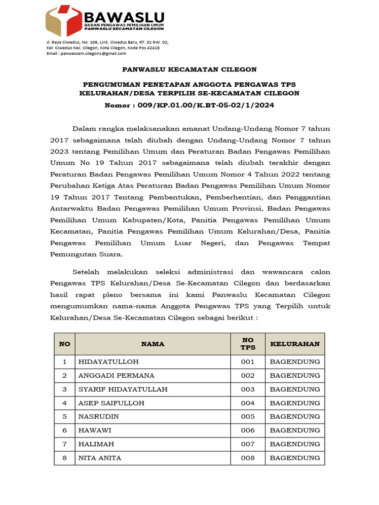 Pengumuman PTPS Terpilih | PDF