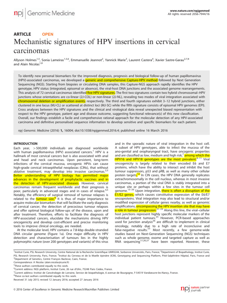 HPV Integration Signatures in Cervical Cancer | PDF | Dna Sequencing ...