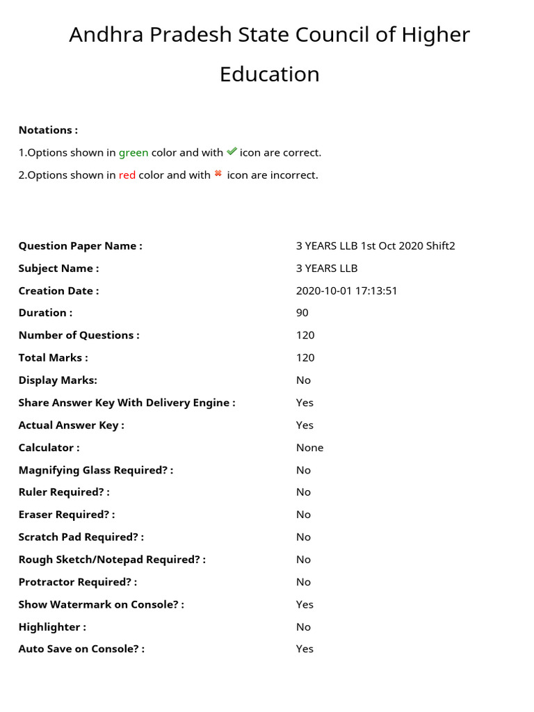 AP Lawcet 2020 Question Paper and Answe Key PDF 3 Year LLB | PDF ...
