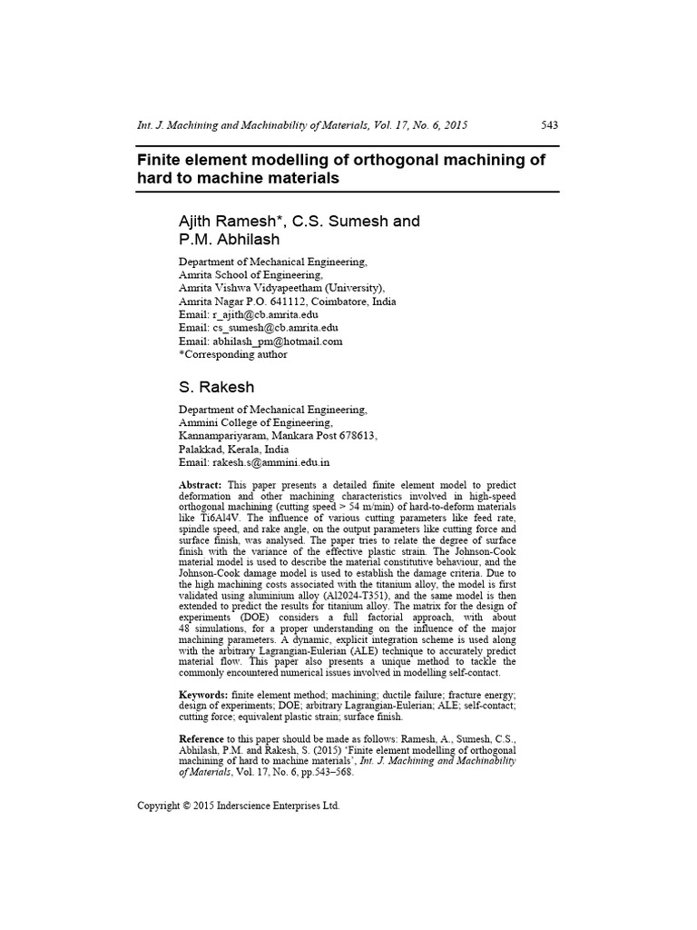 Finite Element Modelling of Orthogonal Machining | PDF | Plasticity (Physics) | Fracture