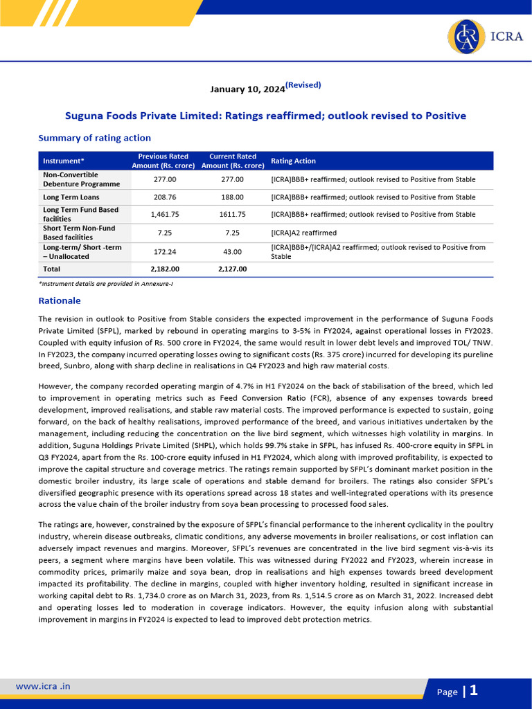 Suguna Foods Credit Rating Outlook Positive | PDF | Credit Rating ...