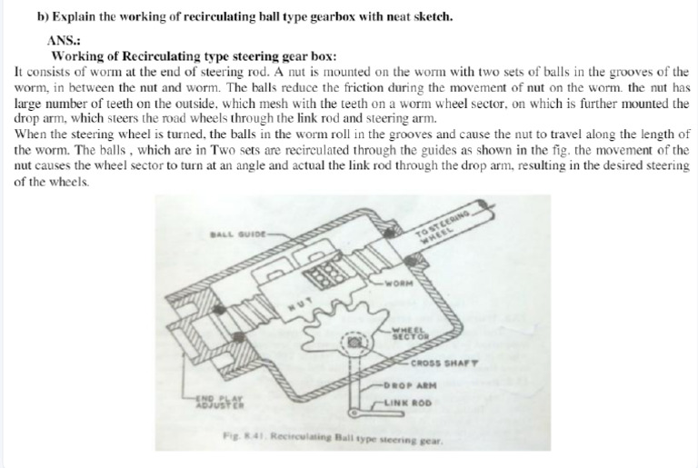 Explain the working of recirculating ball type gearbox with neat sketch. | PDF