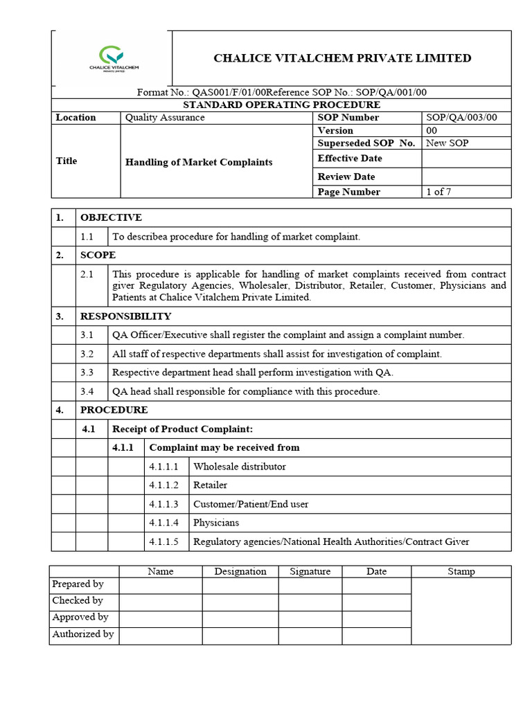 Sop-Qa-003 - Mar. Complain | PDF | Quality Assurance