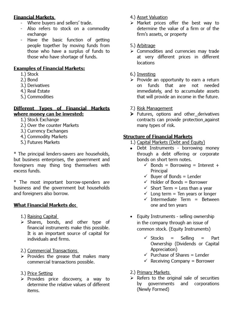 Overview of Financial Markets and Functions | PDF | Financial Markets ...