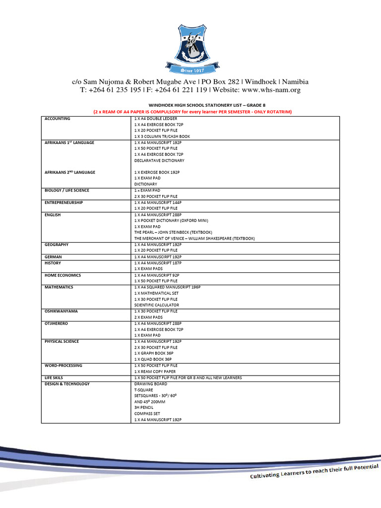 WHS Stationary and Textbook List 2024 - GR 8 - 12 | PDF | Art