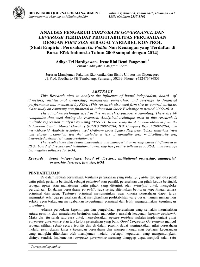 Analisis Pengaruh Corporate Governance Dan Leverage Terhadap Profitabilitas Perusahaan Dengan ...