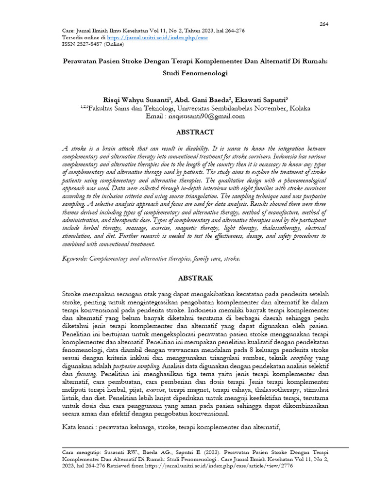 Perawatan Pasien Stroke Dengan Terapi Komplementer Dan Alternatif Di Rumah: Studi Fenomenologi ...