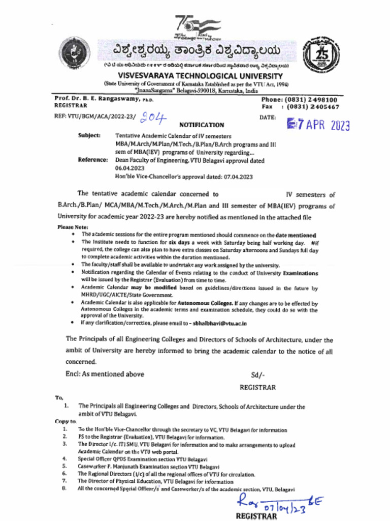 VTU Academic Calendar 2022-23 | PDF